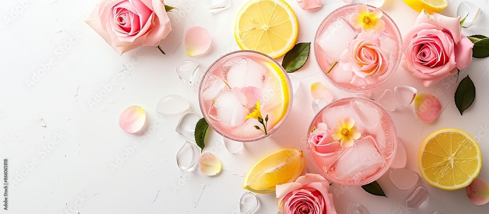 Pink rose cocktails and lemonade adorned with rose flowers and lemon ...