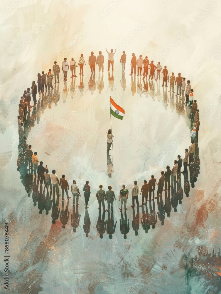 indian people standing circular, saluting the indian national flag that ...