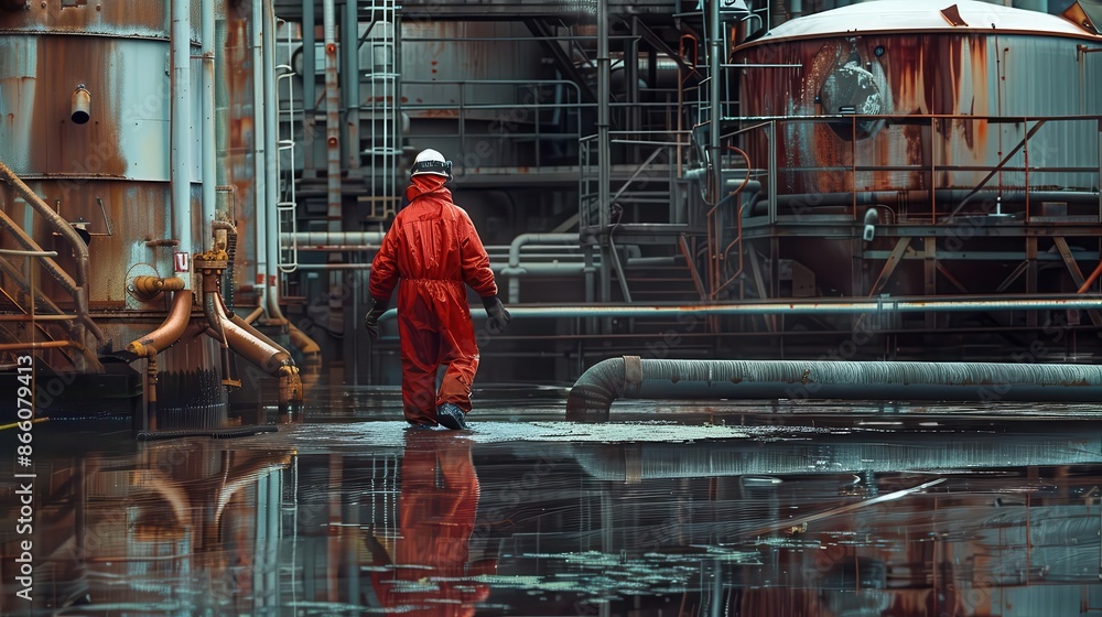 Hazardous chemical leak, emergency containment, industrial safety ...