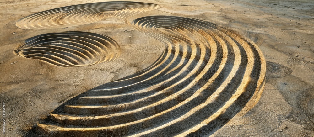 Circular patterns and curved lines etched in the sand on the beach ...