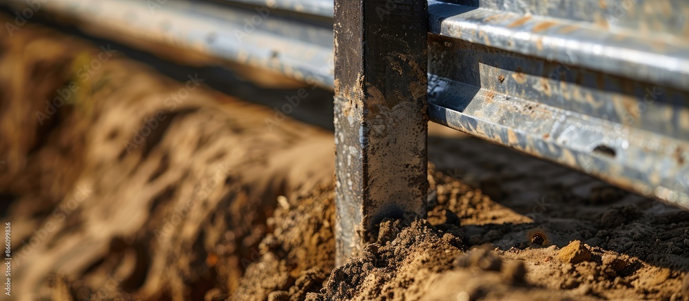 Newly built metal fence post frame in a trench, with a close-up showing ...