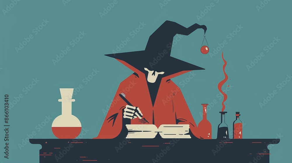Alchemist Writing in Grimoire - Vector Illustration of Minimalist ...