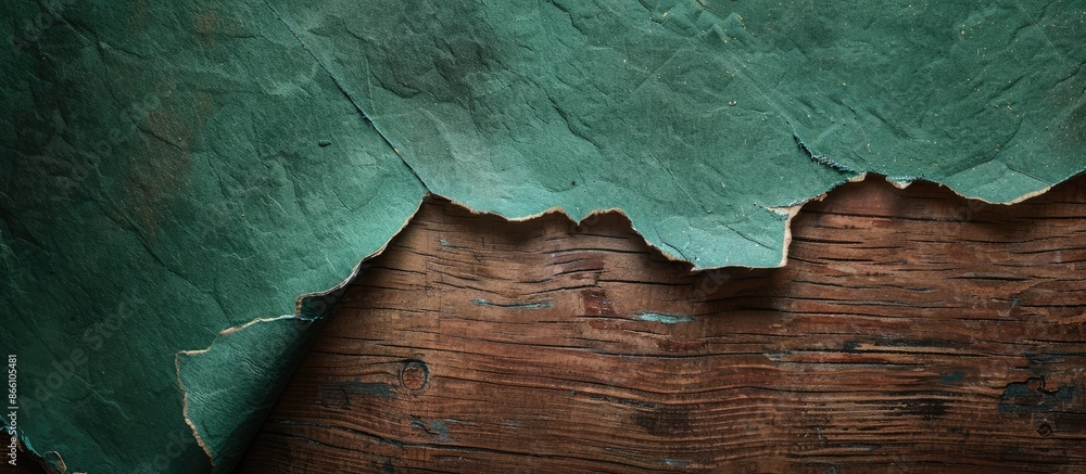 Green paper design template on a textured oak wood surface with copy ...