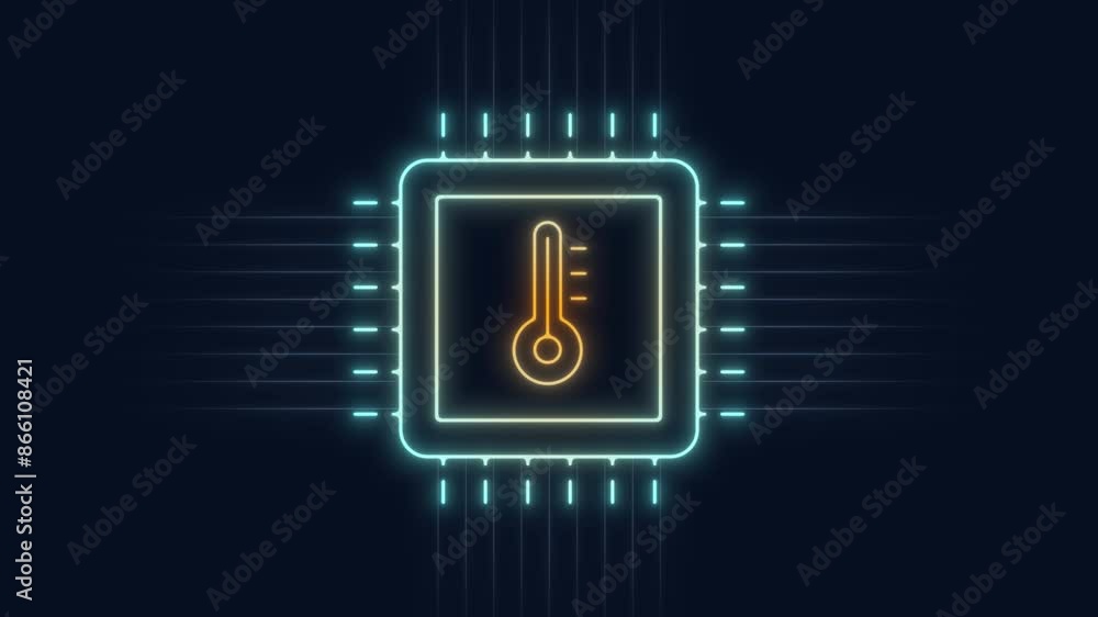 Cpu heat neon animation. Microcontroller thermometer animated icon glow ...