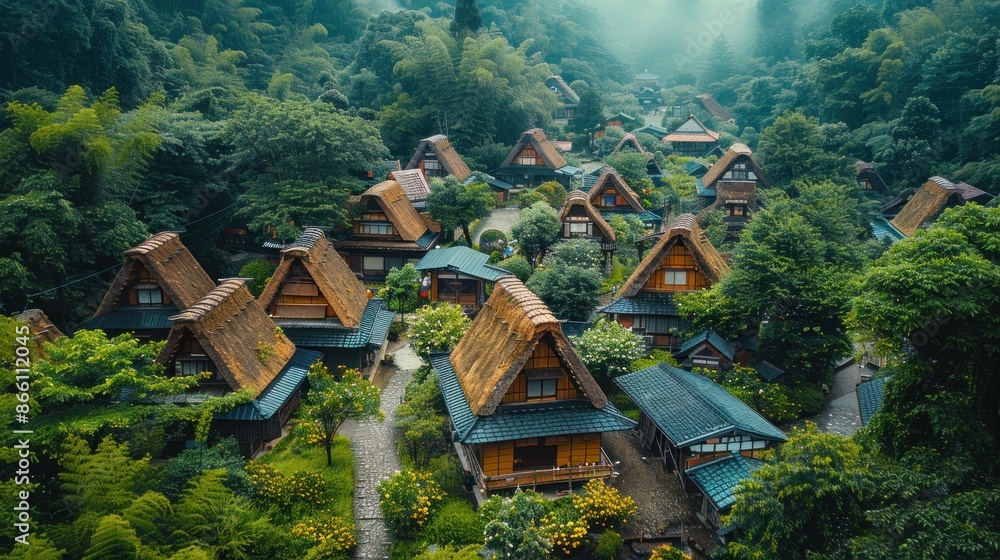Overhead image of the traditional thatched-roof houses in Gokayama ...