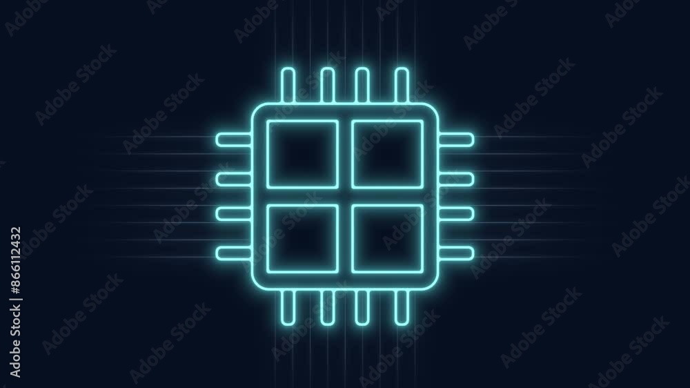 Quad core processor neon animation. Cpu circuit animated icon glow ...