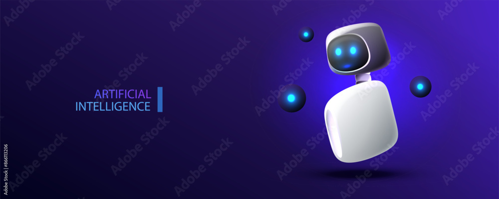 Artificial intelligence futuristic robot with neon eyes. Chat bot app ...