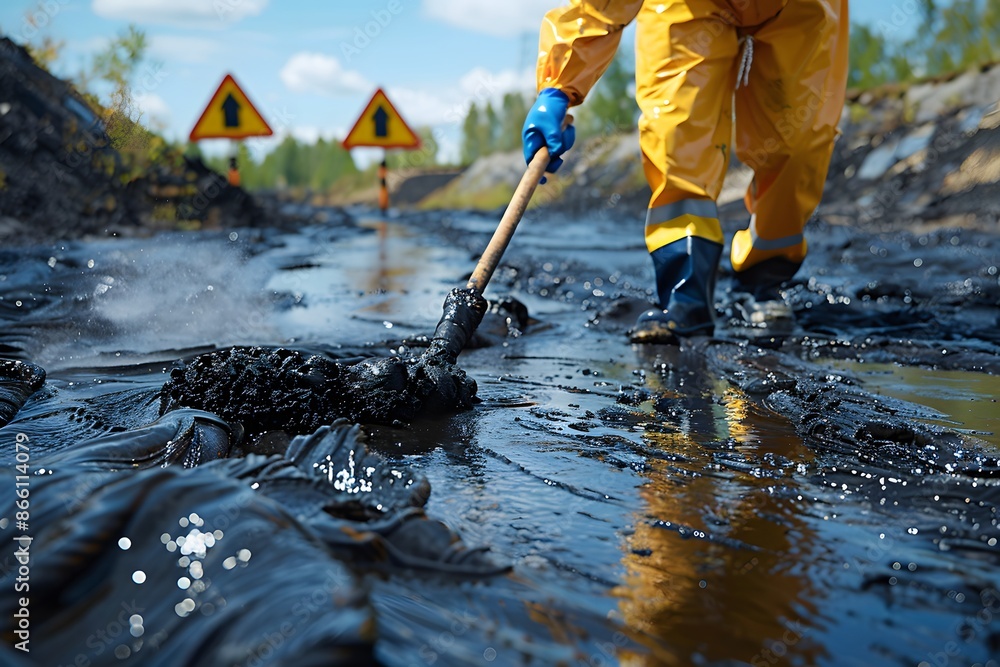 A worker cleans up an oil spill using a mop and special absorbent ...