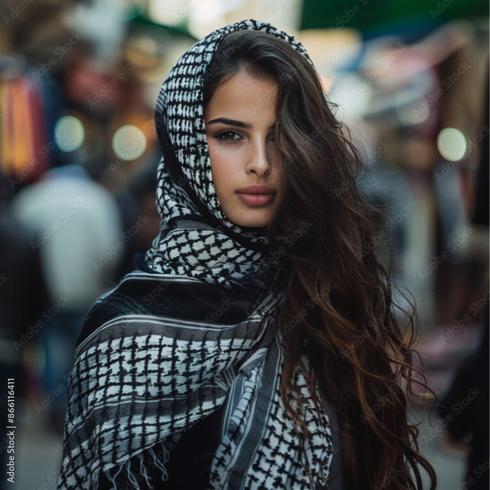 arabic model wearing black and white palestinian keffiyeh, long hair ...