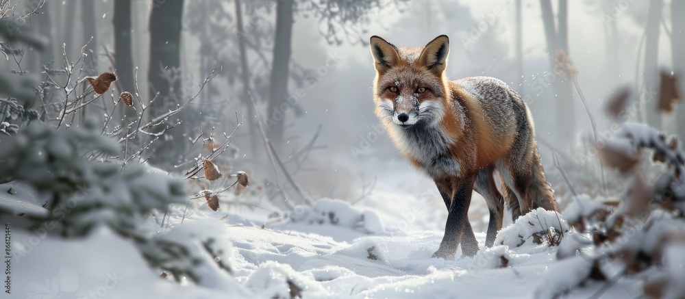 A menacing wild red fox forages for rodents under the snowy forest ...
