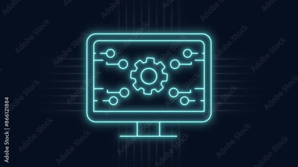 Pc monitor neon animation. Integrated circuits animated icon glow effect.Moving signals, rolling ...