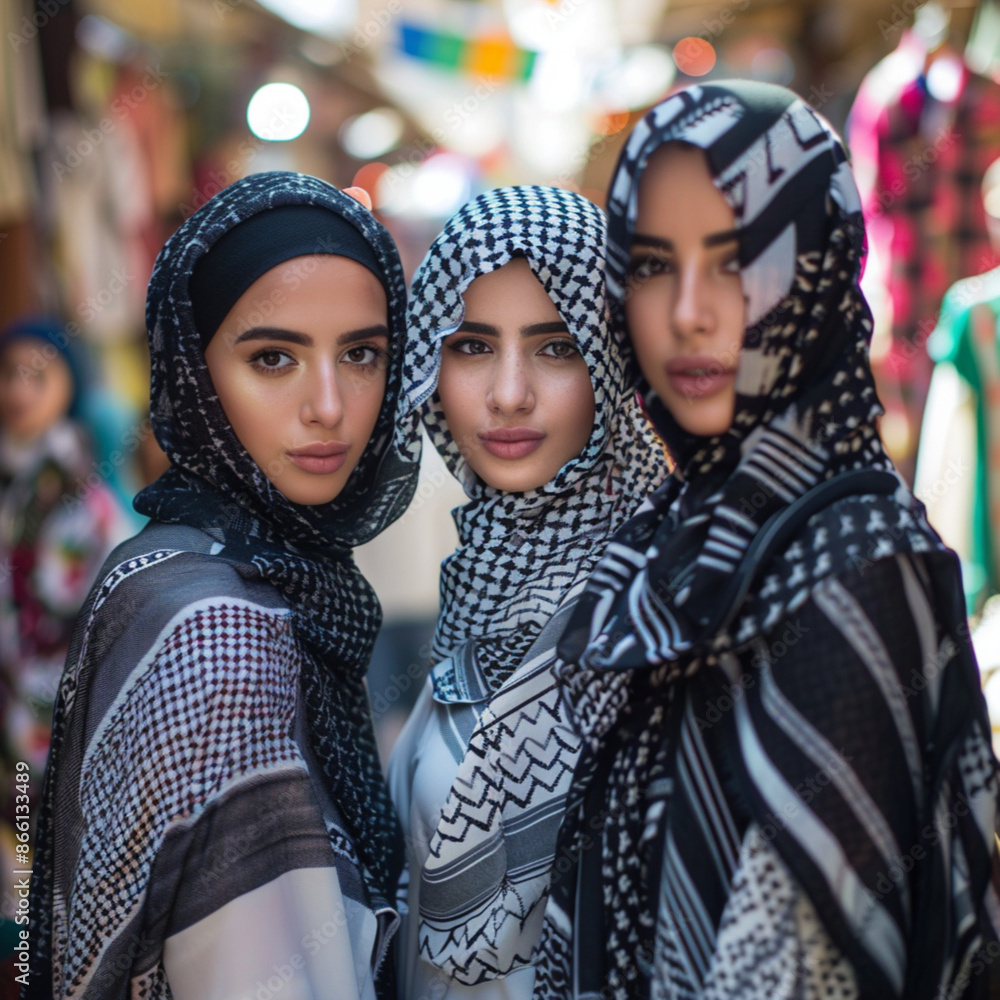 three arabic female models wearing Palestinian keffiyehs with a black ...