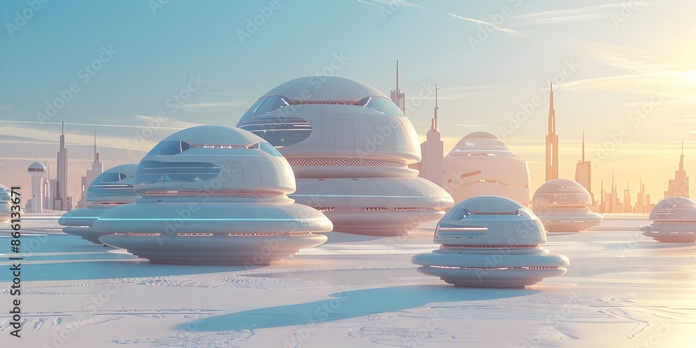 Futuristic urban skyline with floating concrete buildings and domes in ...
