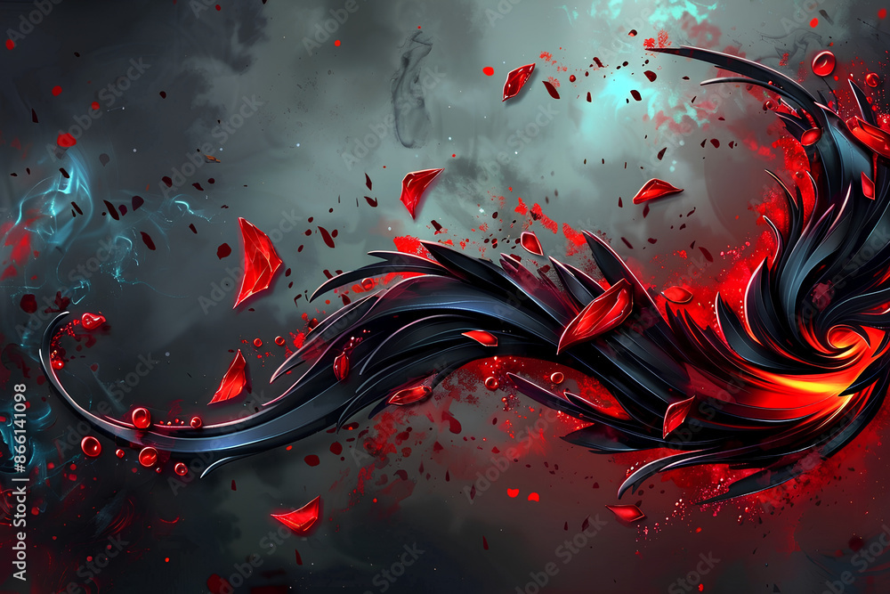 Abstract red and black swirling pattern with shards in digital art ...