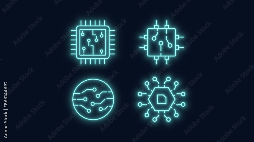 Cpu circuits neon animation set. Electronic component animated icons ...