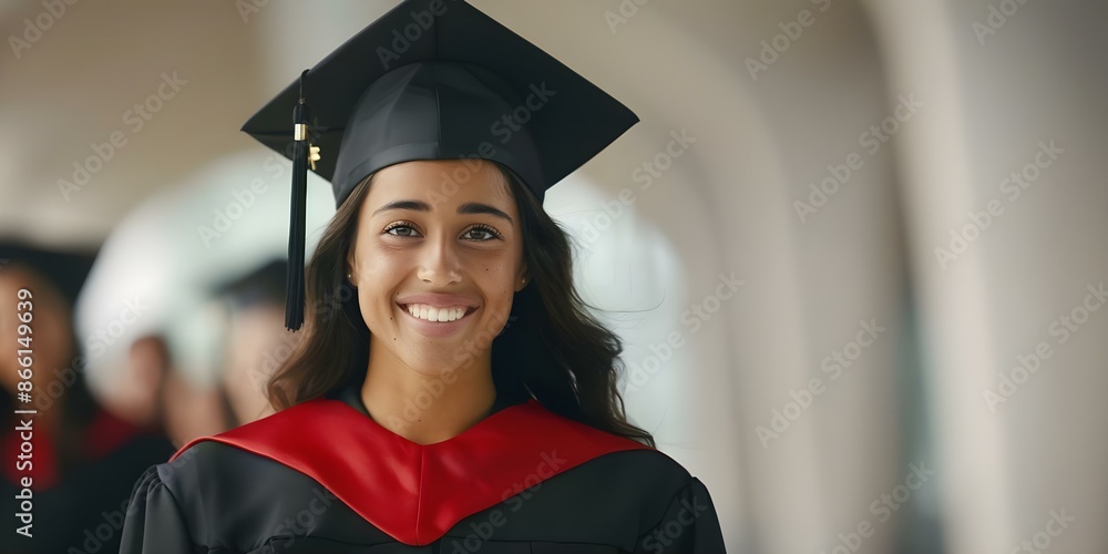 Young valedictorian woman delivering graduation speech to fellow ...