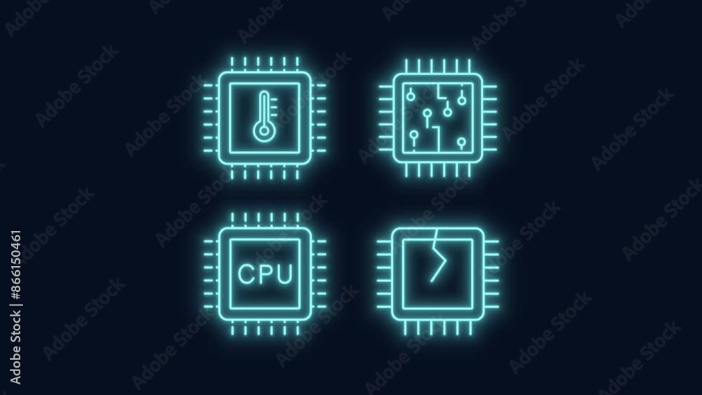 Cpu damage types neon animation set. Embedded systems animated icons glow effect. Moving signals ...