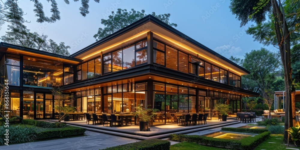 Luxury restaurant building exterior with large windows, wooden accents ...