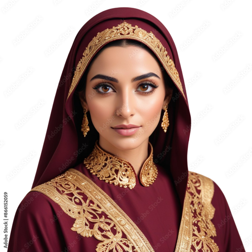 Saudi woman in hijab and traditional formal Abaya on Isolated transparent background png ...