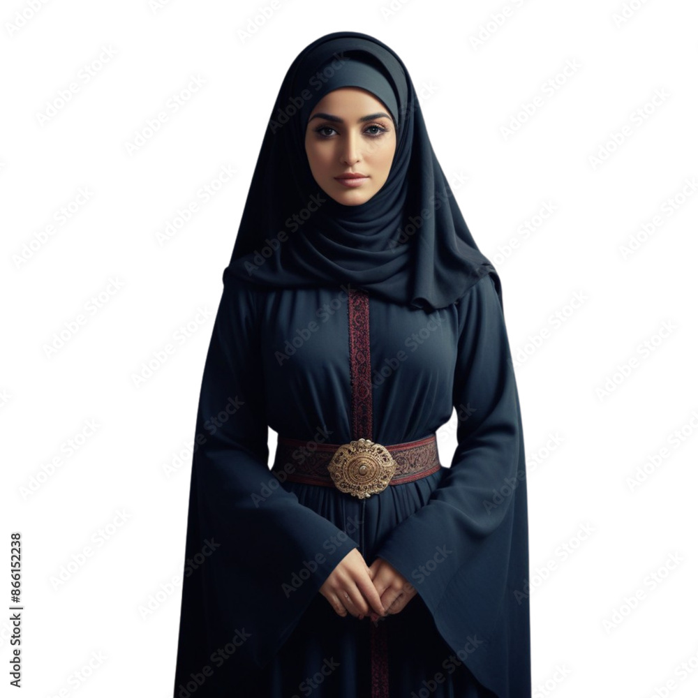 Saudi woman in hijab and traditional formal Abaya on Isolated transparent background png ...