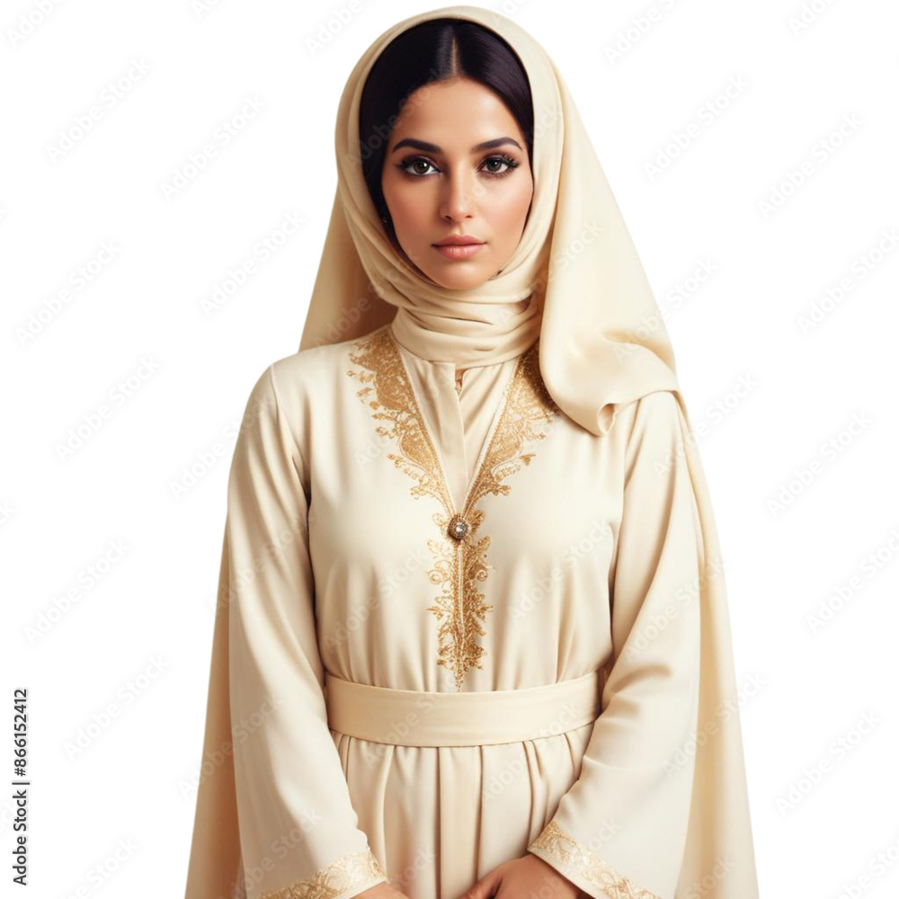 Saudi woman in hijab and traditional formal Abaya on Isolated transparent background png ...