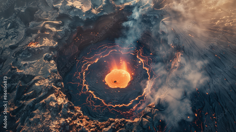 Volcanic eruption observed from above. The volcano's crater and flowing ...
