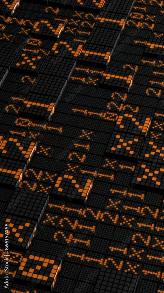 Background with surface of squares and code. Motion. Computer surface with squares and matrix ...