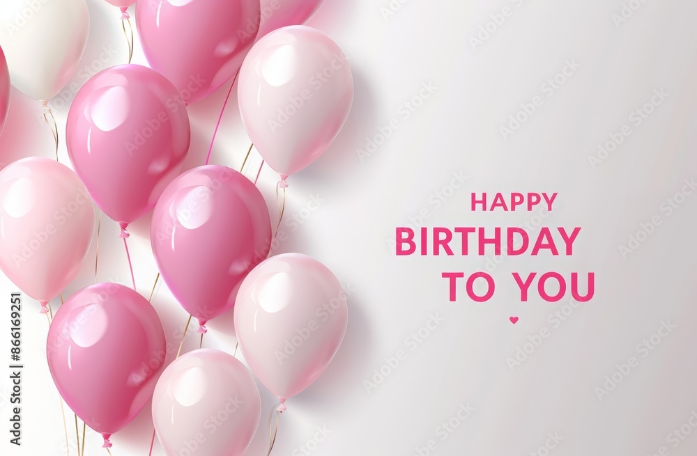 Happy birthday background with pink and white balloons, text "HAPPY ...