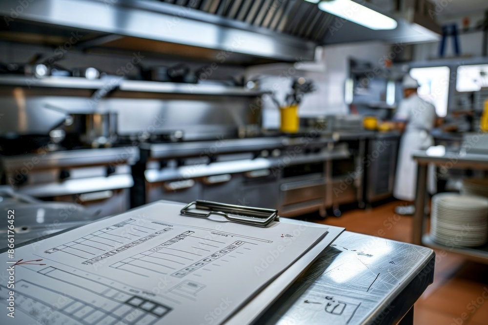 A kitchen setting with a food safety checklist on a clipboard, all ...