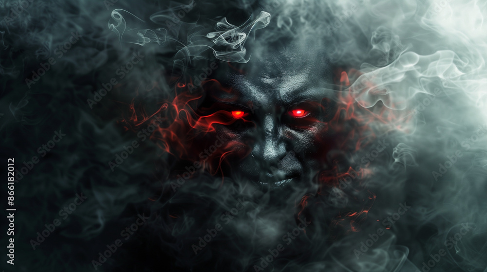 Scary evil face with glowing horrific red eyes coming out from smoke on ...