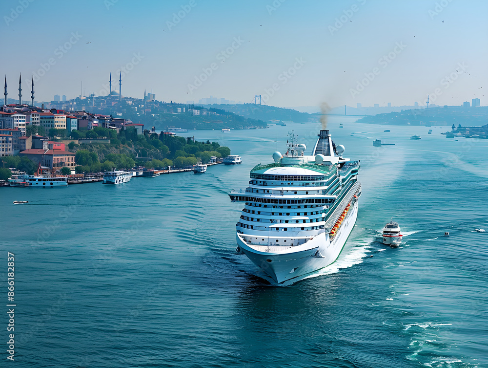 Large cruise ship with white exterior and dark windows leaves bustling ...