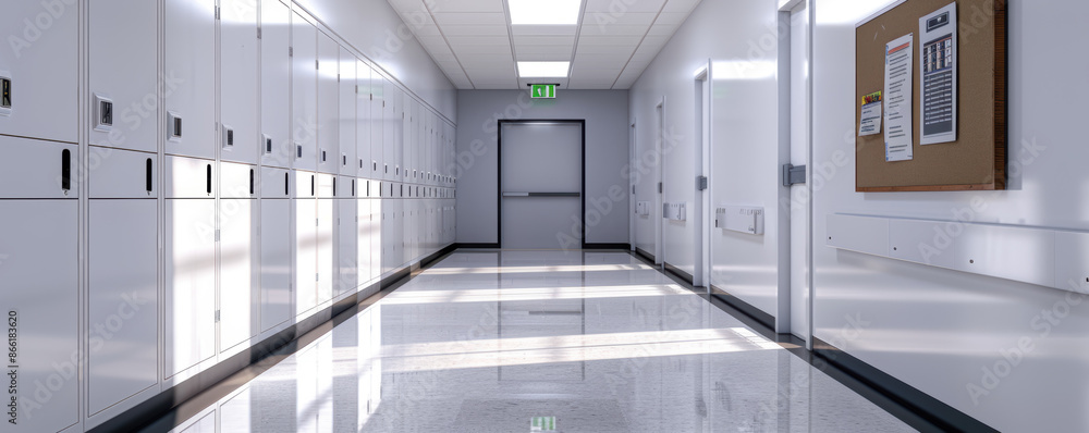 Modern school hallway with lockers and bulletin boards, clean lines ...