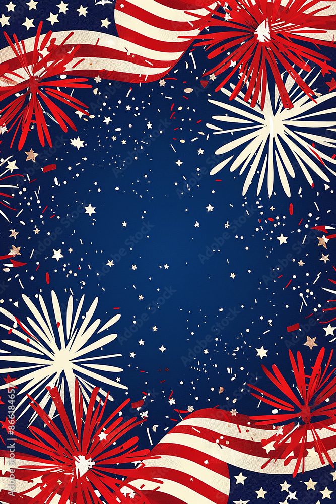 Happy 4th of July banner with cartoon-style 3D fireworks and American ...