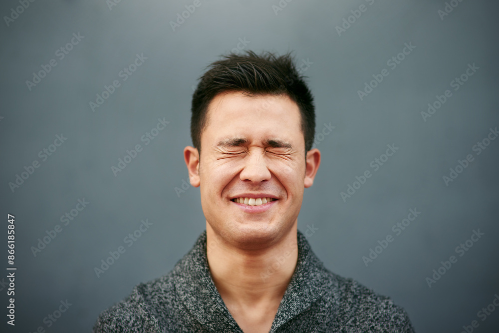 Funny, embarrassed and man with eyes closed in studio for comic, joke ...