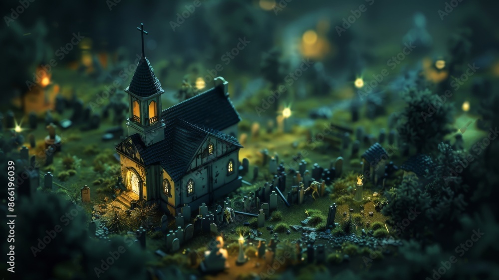 Spooky Halloween scene with miniature church, graveyard, and skeletons ...