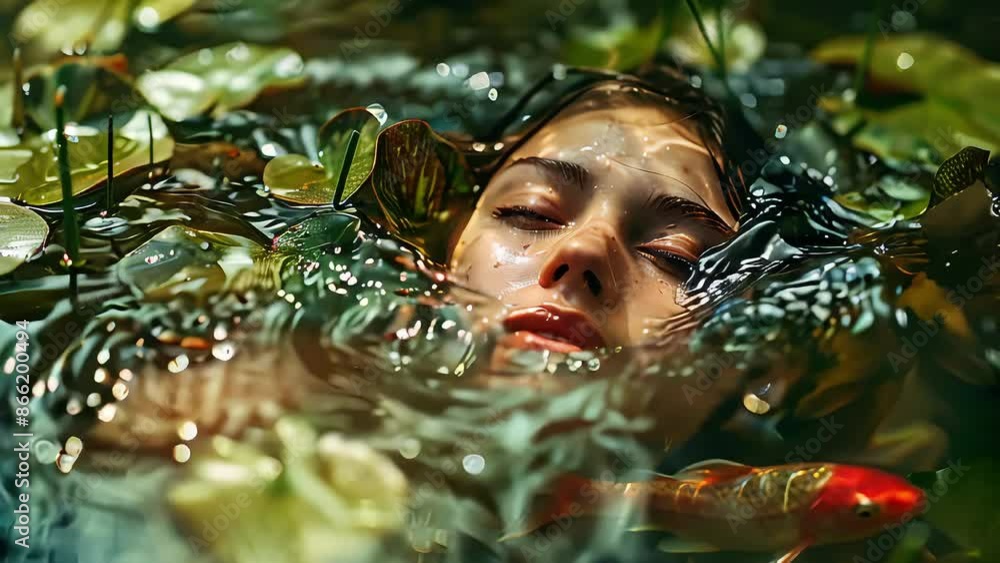 A depiction of the upper torso of a water nymph emerging gracefully ...