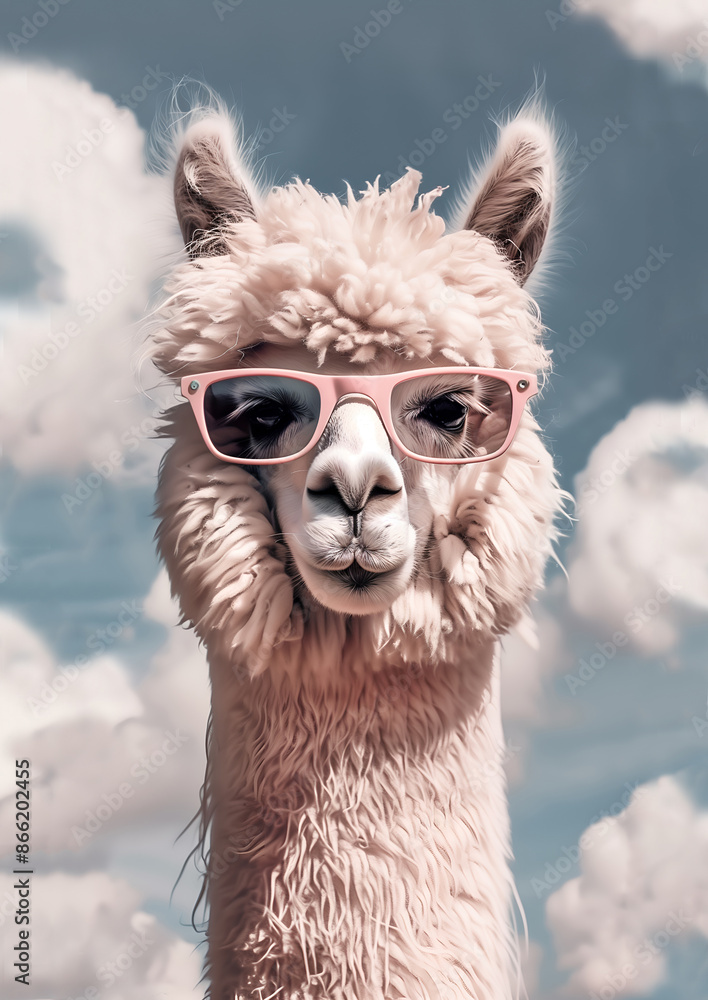 Realistic image funny fluffy alpaca with sunglasses over blue sky and ...