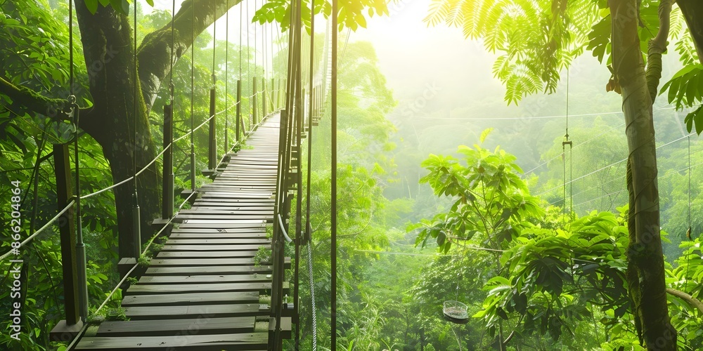 Ziplines connecting treetop platforms in lush rainforest canopy for ...
