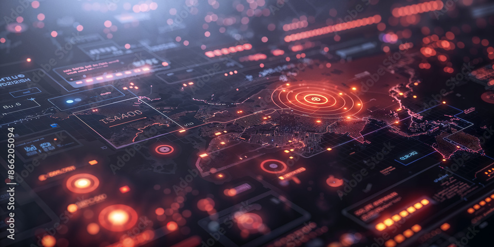 Digital world map display background with red target highlight, futuristic digital interface ...