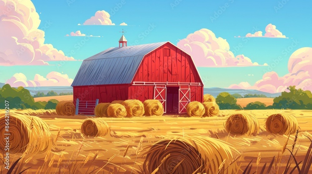Farm-themed cartoon barn design featuring straw bales and hay piles ...