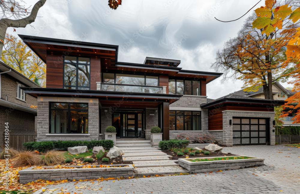 A photo of the exterior front view, wide angle shot of an modern ...