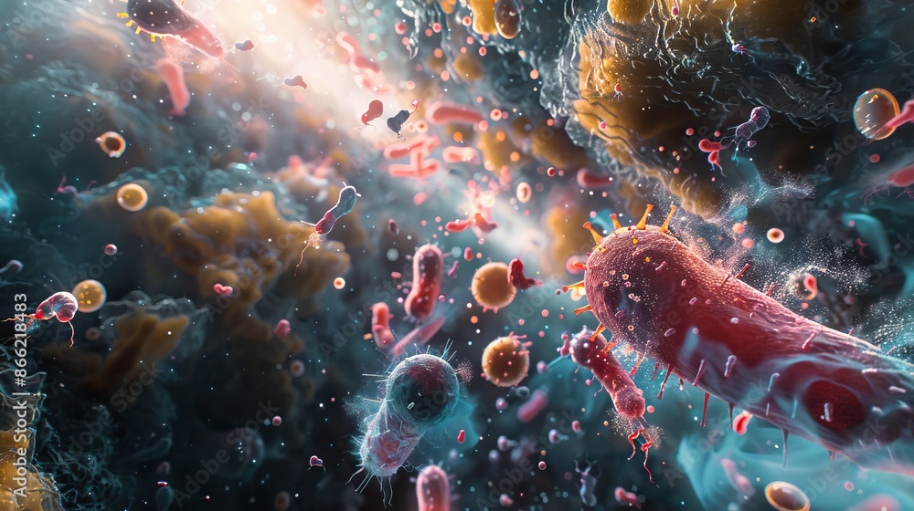 Vibrant and detailed close-up of microscopic organisms and cells in a ...