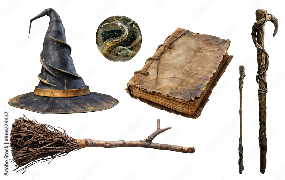 Set collection of wizard sorcerer costume accessory prop, hat, twig ...