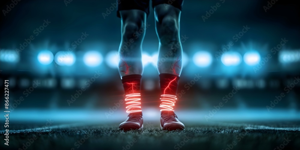 Football player on stadium field with leg injury red bruise on knees ...