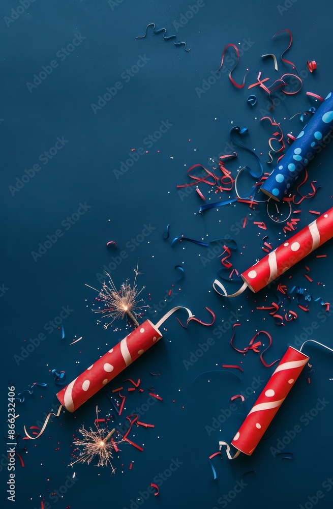 Festive red, white, and blue party poppers with sparkling fireworks on ...
