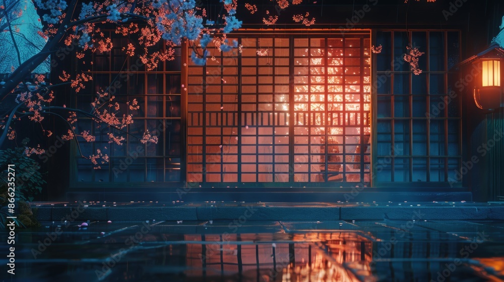 Ancient Japanese house. Lit window. Night with aurora borealis. Cherry ...