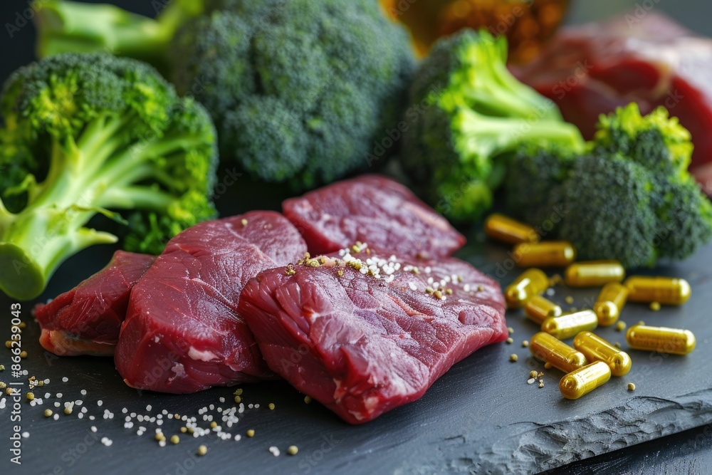 B12 supplement capsules alongside natural sources of the vitamin ...