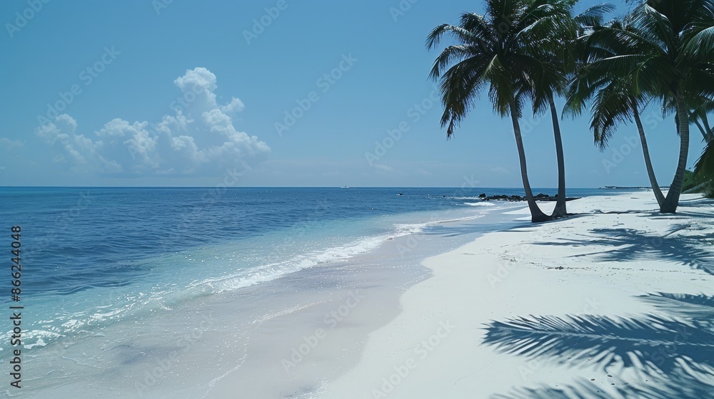 Crescent of white sand curves along azure waters. Towering palm trees ...