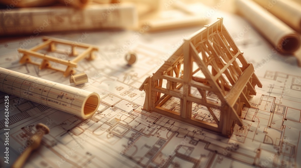 An elaborate model house sits atop a blueprint blueprint that shows how ...