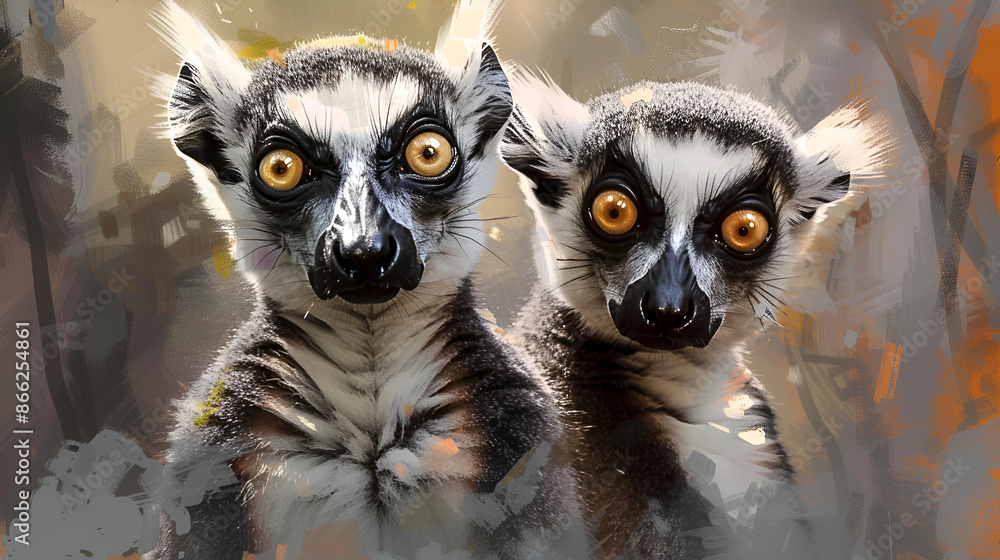 Lemur catta portrait with surprised expression on isolated yellow ...